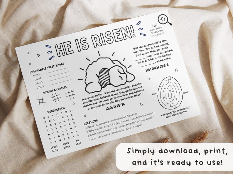 He is Risen Activity Placemat Printable | Resurrection of Jesus Kids ...