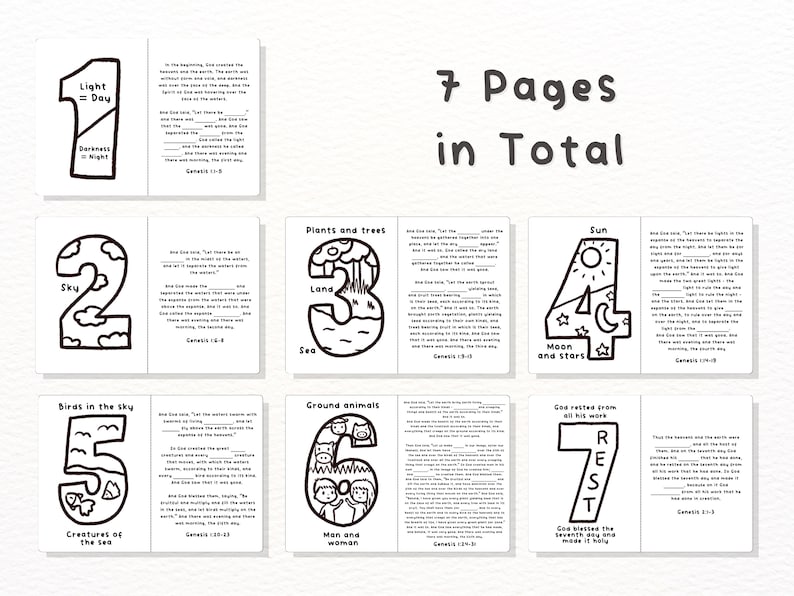 Days of Creation Activity With Bible Verses Fill in the Blanks Coloring ...