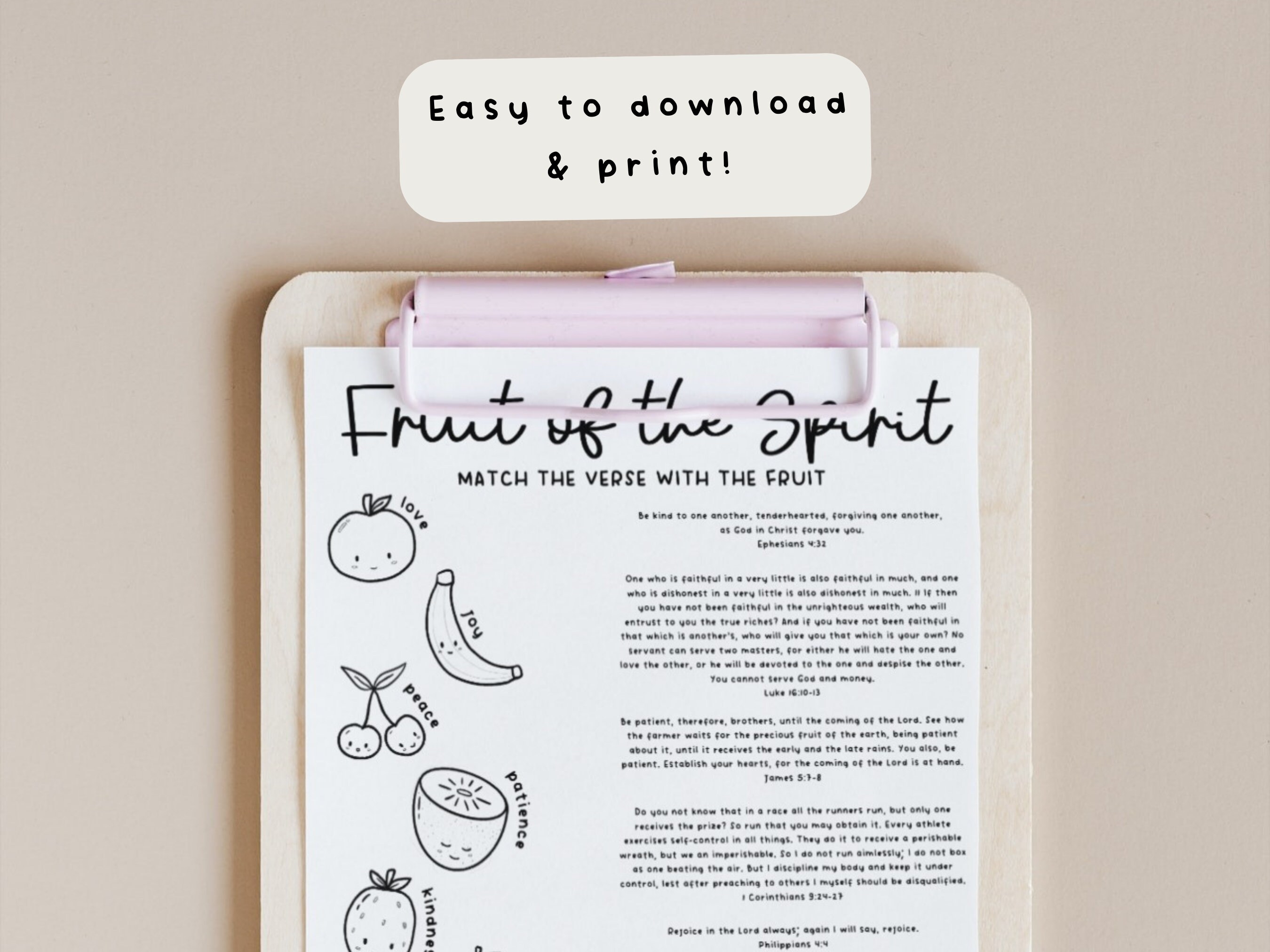 Fruit of the Spirit Activity Match up Bible Verses | Christian Coloring ...