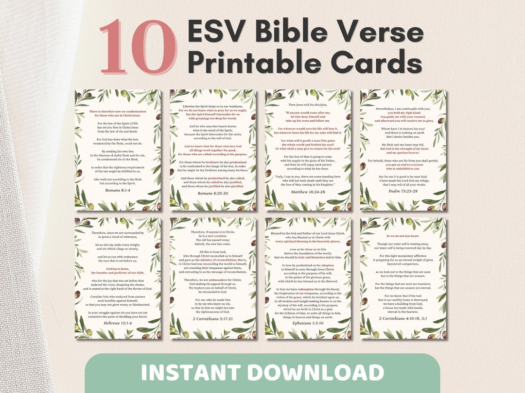 10 ESV Bible Verse Cards Printable Olive Watercolor Scripture Memory ...