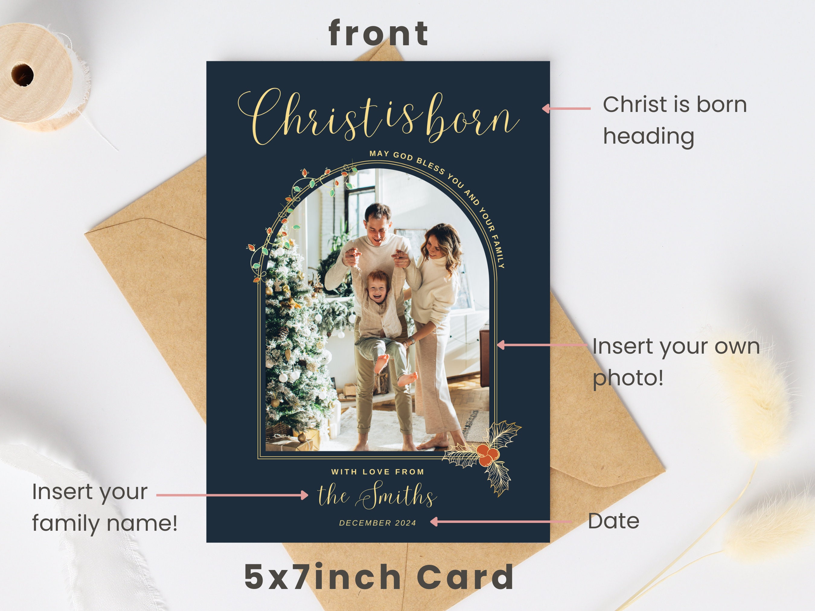 Christian Editable Canva Template Christmas Card | Navy Gold Christ is ...