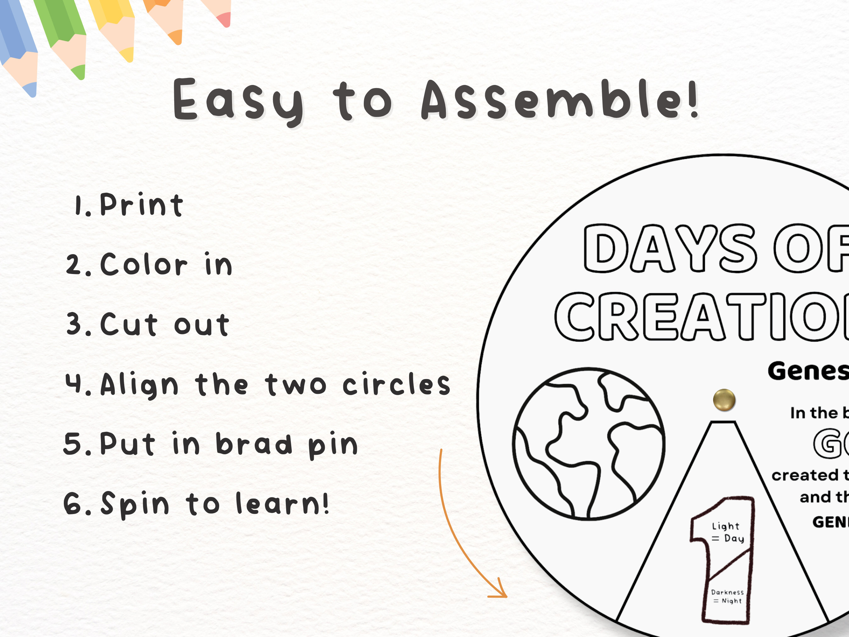 Days of Creation Coloring Wheel Printable Sunday School Bible Activity ...