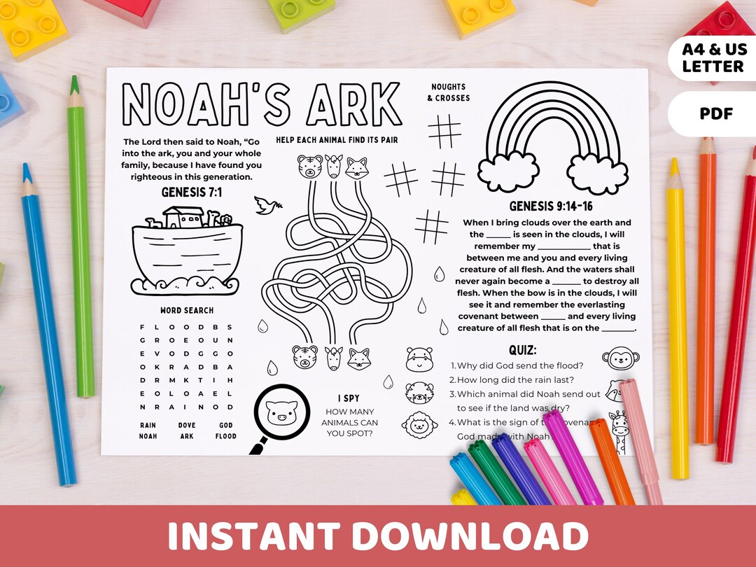 Noahs Ark Acitivity Game Placemat Printable | Flood Rainbow Bible Story ...