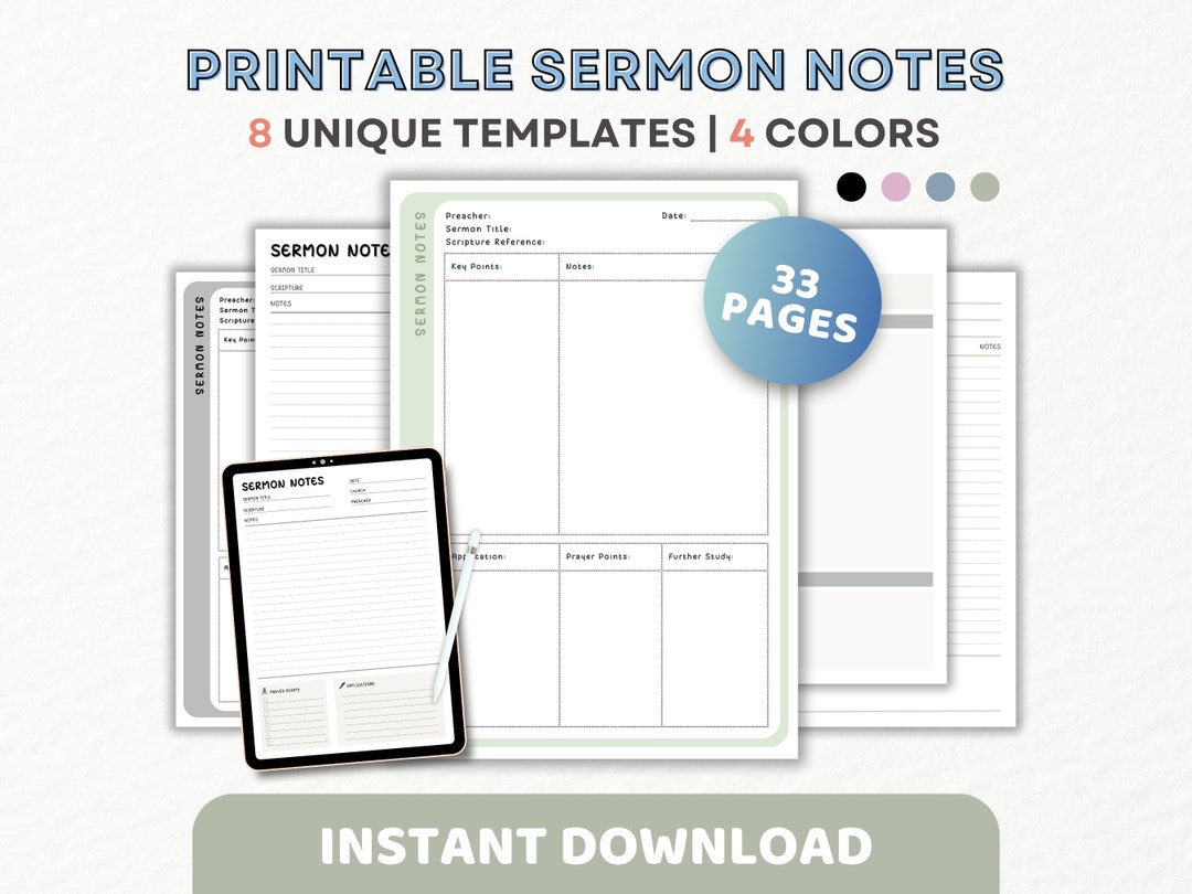 Sermon Notes Journal Printable PDF, Church Notes A4 & US Letter ...