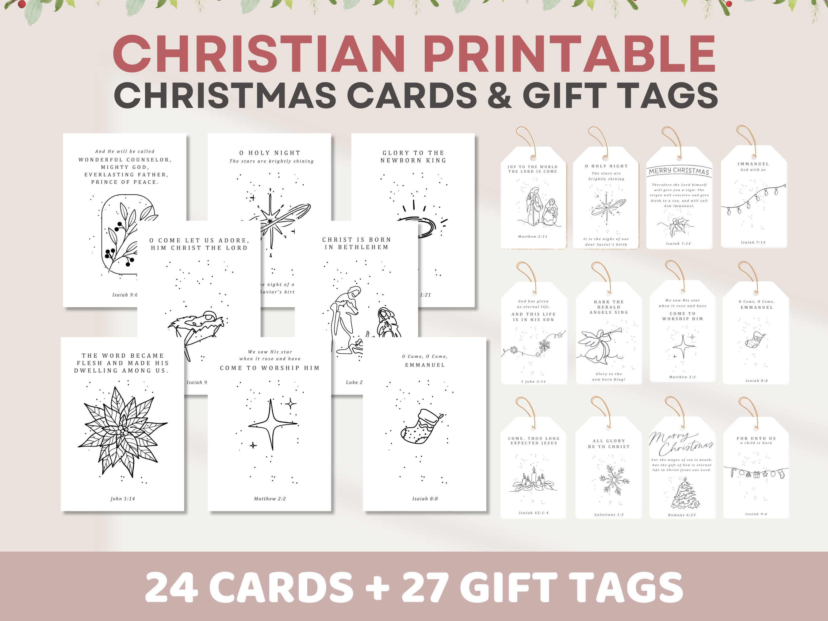 Christian Christmas Cards & Gift Tags Printable | Modern Line Art ...
