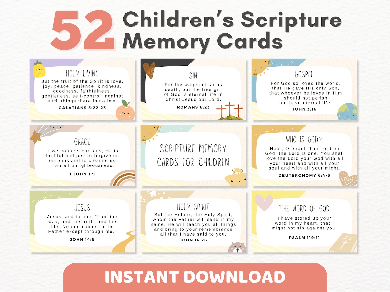 52 Children Scripture Cards Printable ESV | Kids Bible Verse Memory ...