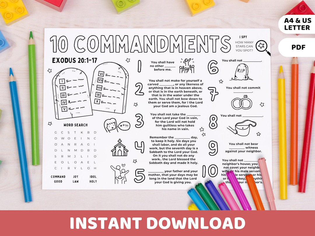 Ten Commandments Placemat Printable | Bible Story Coloring Activity ...