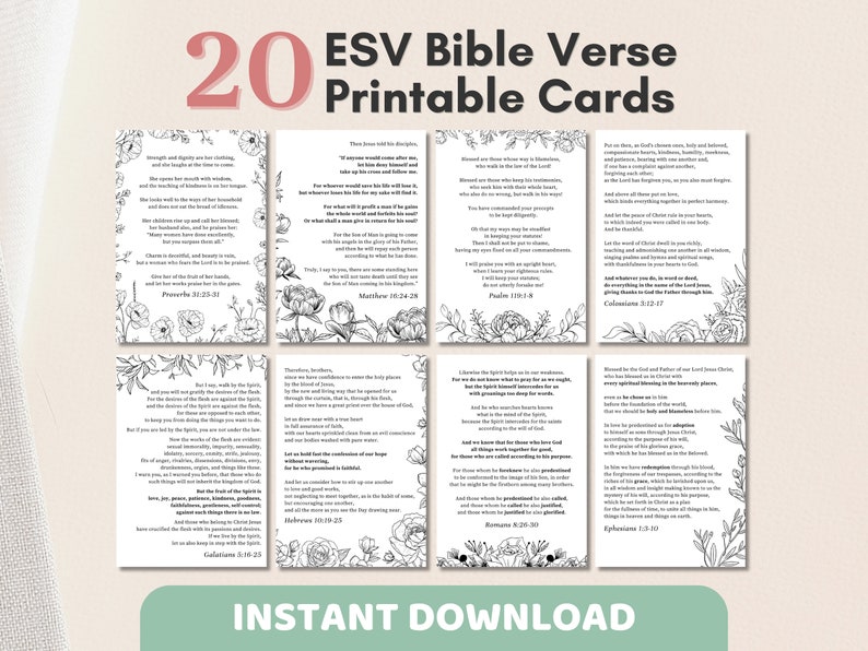 20 ESV Bible Verse Cards Printable | Floral Line Art Scripture Memory ...
