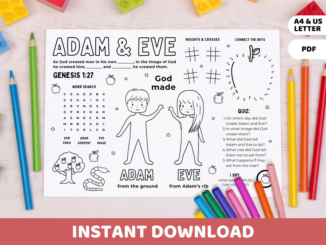 Adam and Eve Activity Sheet Printable | Garden of Eden Placemat ...