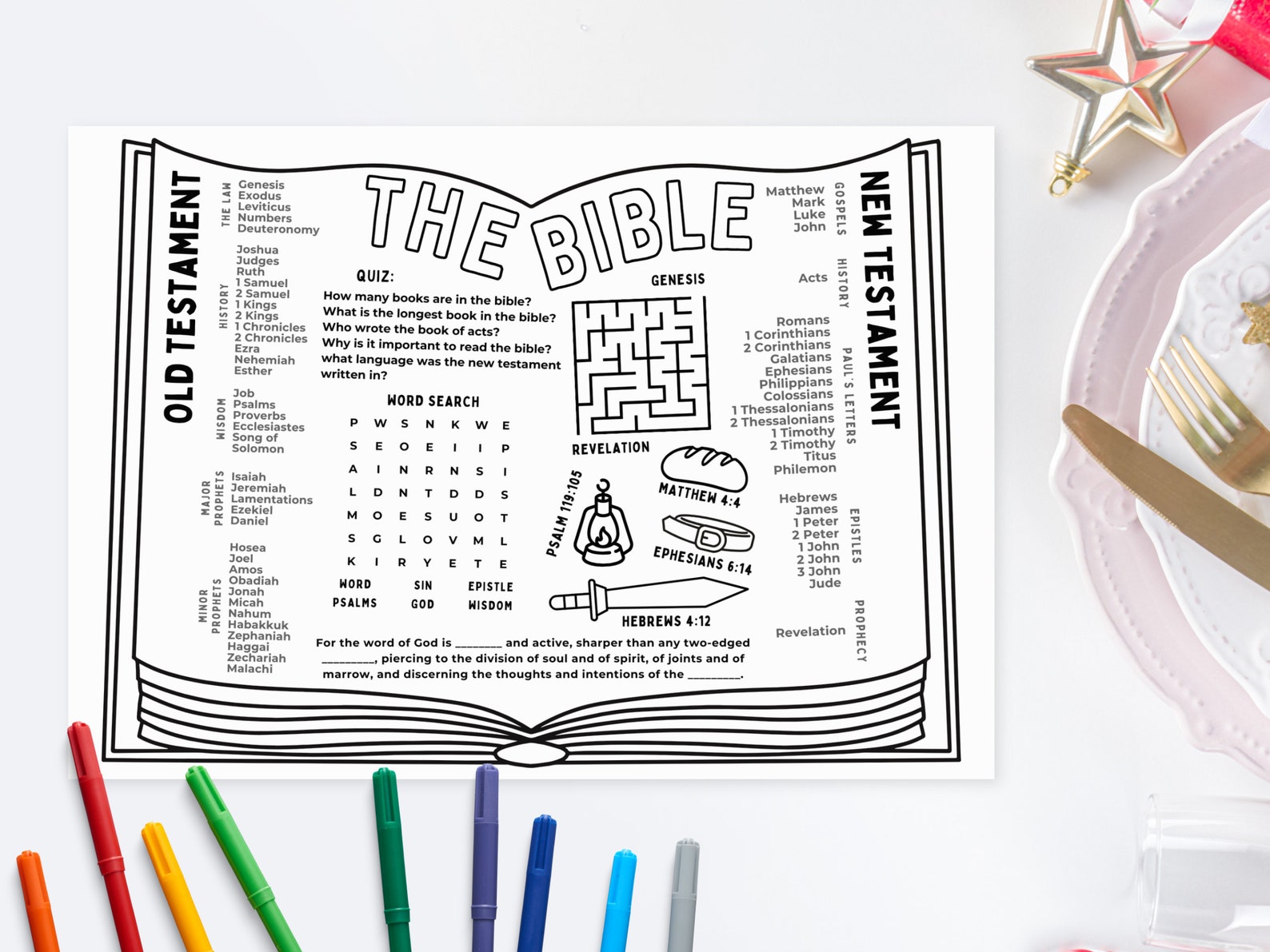 Books of the Bible Coloring Placemat Printable | Sunday School ...