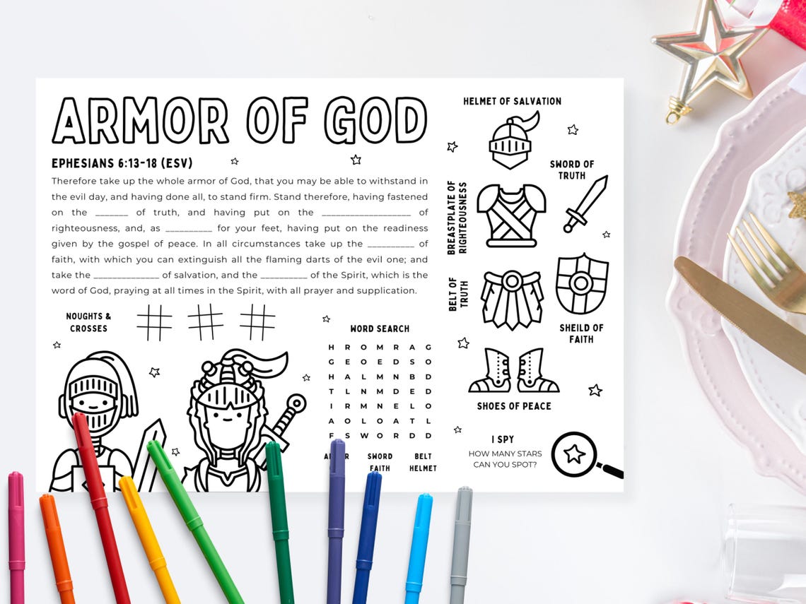 Armor of God Coloring Activity Placemat Printable | Children Bible ...