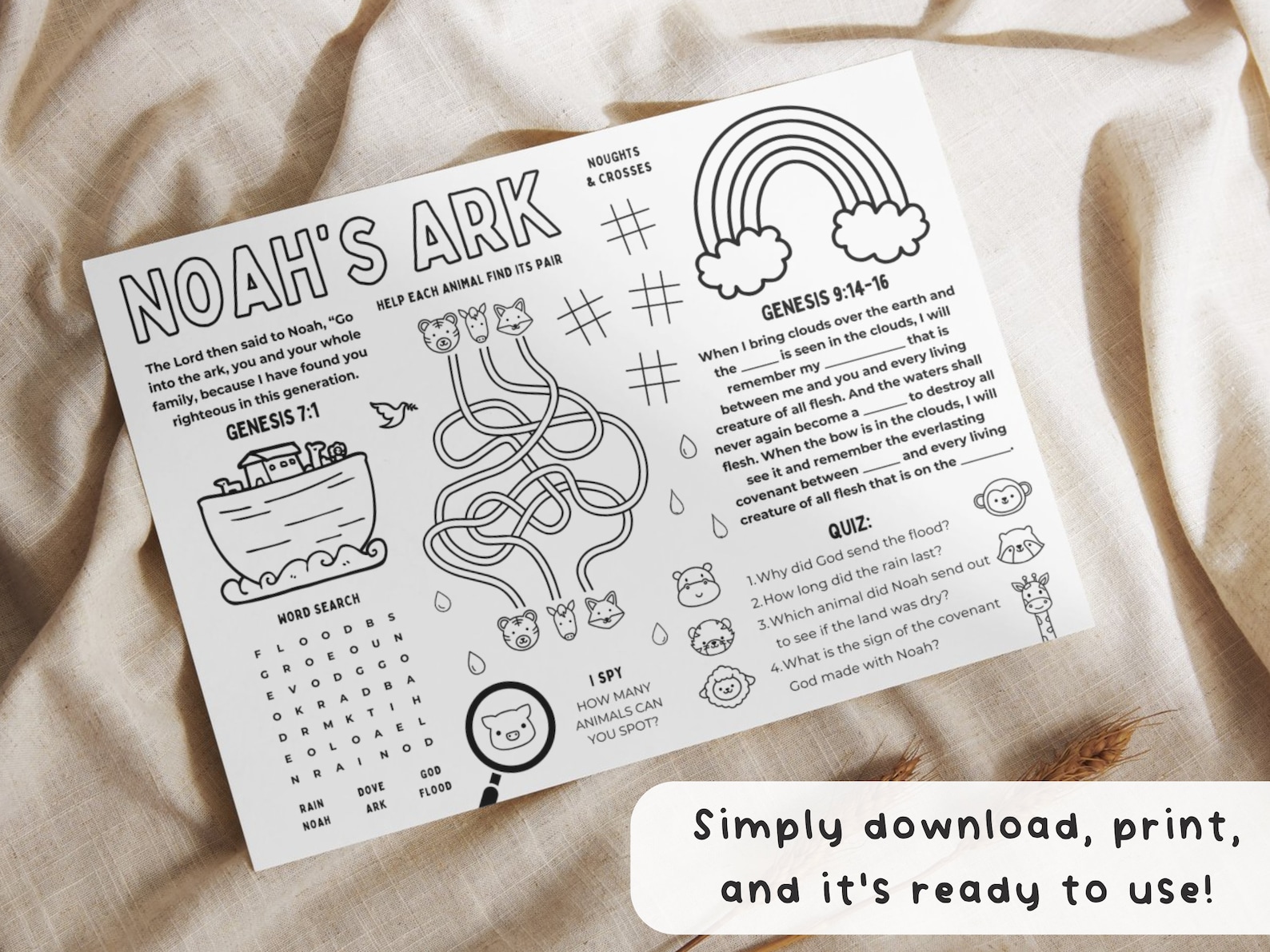 Noahs Ark Acitivity Game Placemat Printable | Flood Rainbow Bible Story ...
