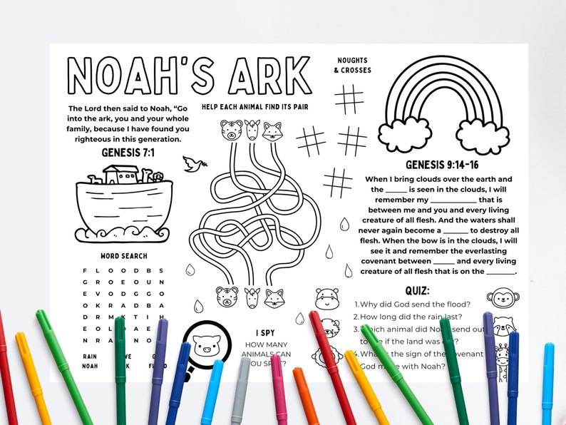 Noahs Ark Acitivity Game Placemat Printable | Flood Rainbow Bible Story ...