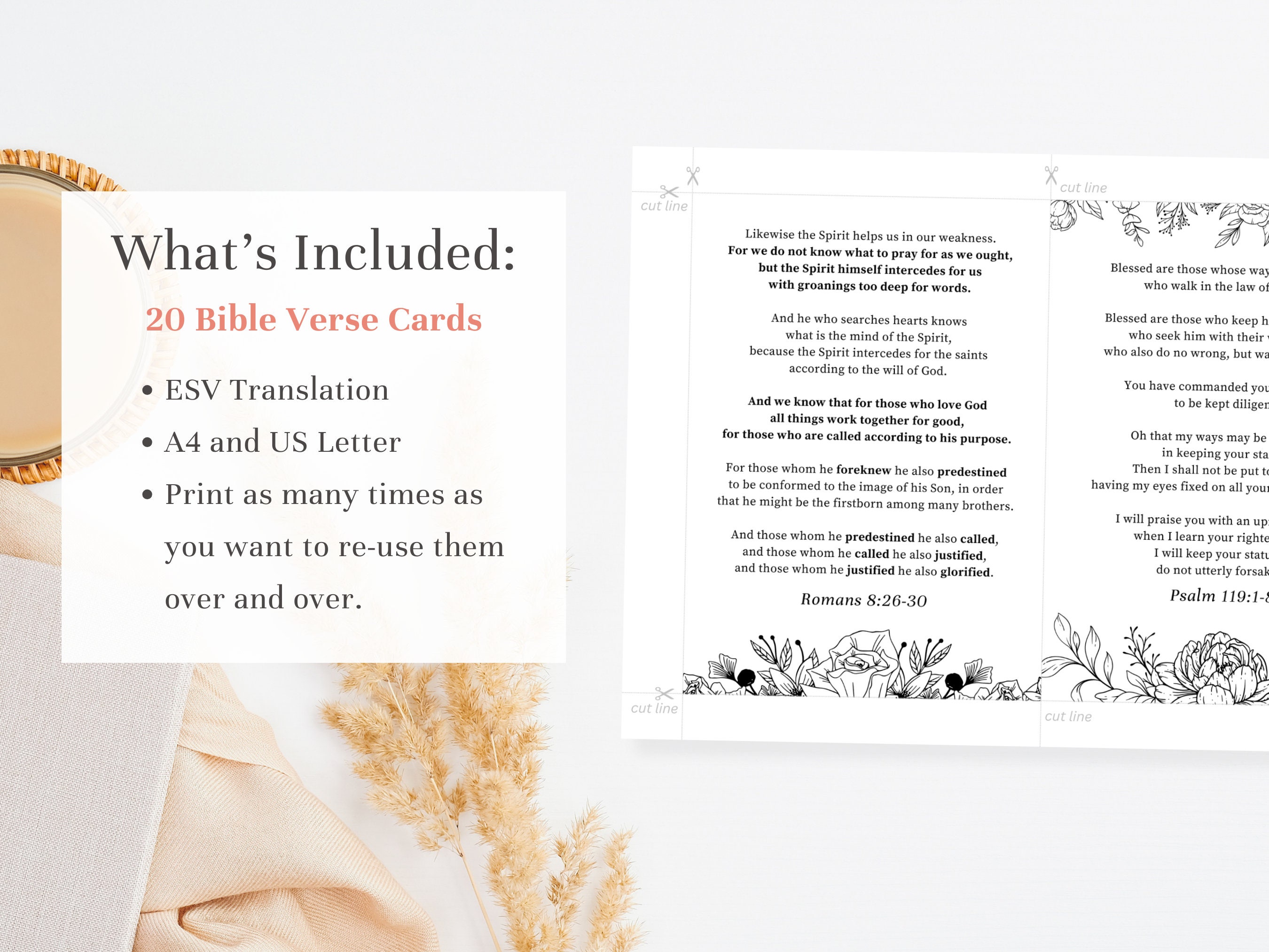 20 Bible Verse Cards Printable ESV Scripture Memory Cards, Christian ...