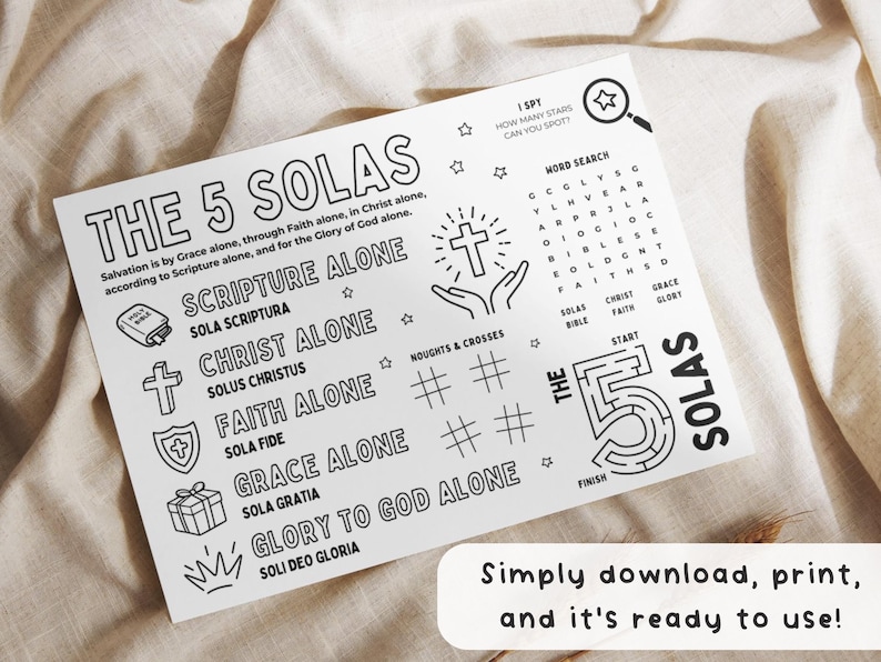 Five Solas Activity Placemat Printable | Reformation Day Children Bible ...