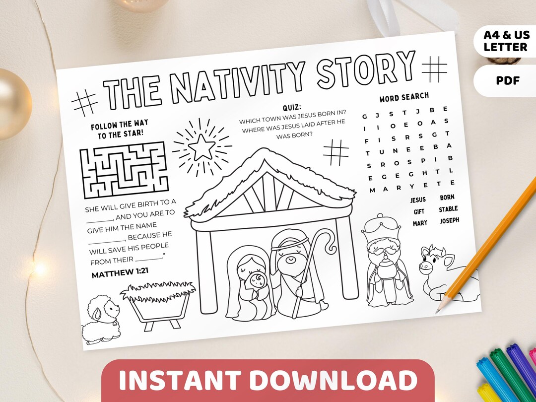 Nativity Activity Placemat: Christmas Story Coloring Page (digital ...