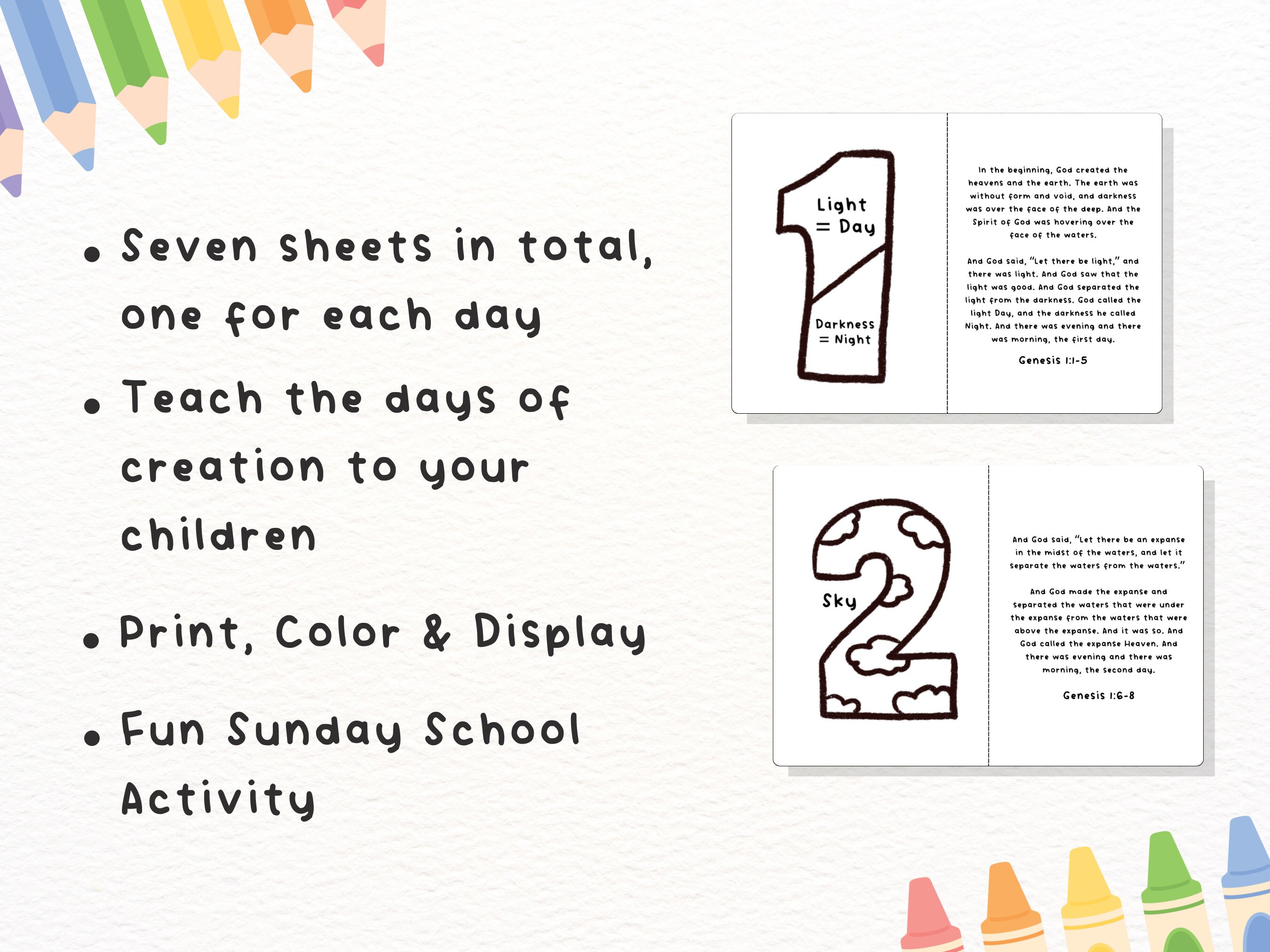 Days of Creation Flash Cards With Bible Verses Sunday School Coloring ...