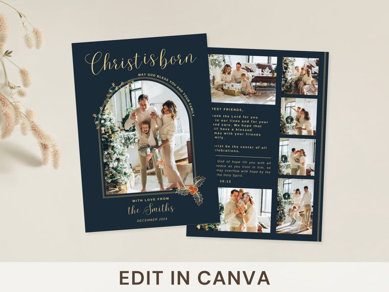 Christian Editable Canva Template Christmas Card | Navy Gold Christ is ...
