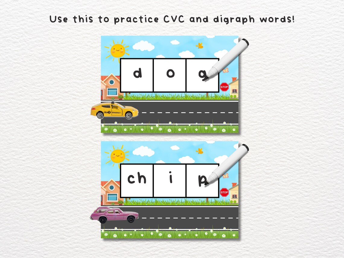 CVC Words Car Blending Mat Printable | Phonics Reading, Word Building ...