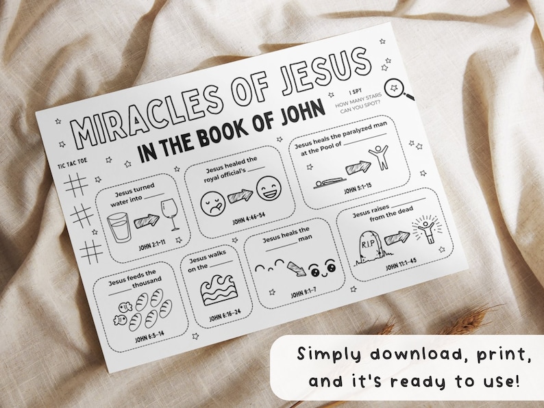 Miracles of Jesus Bible Coloring Placemat Printable | John Sunday ...