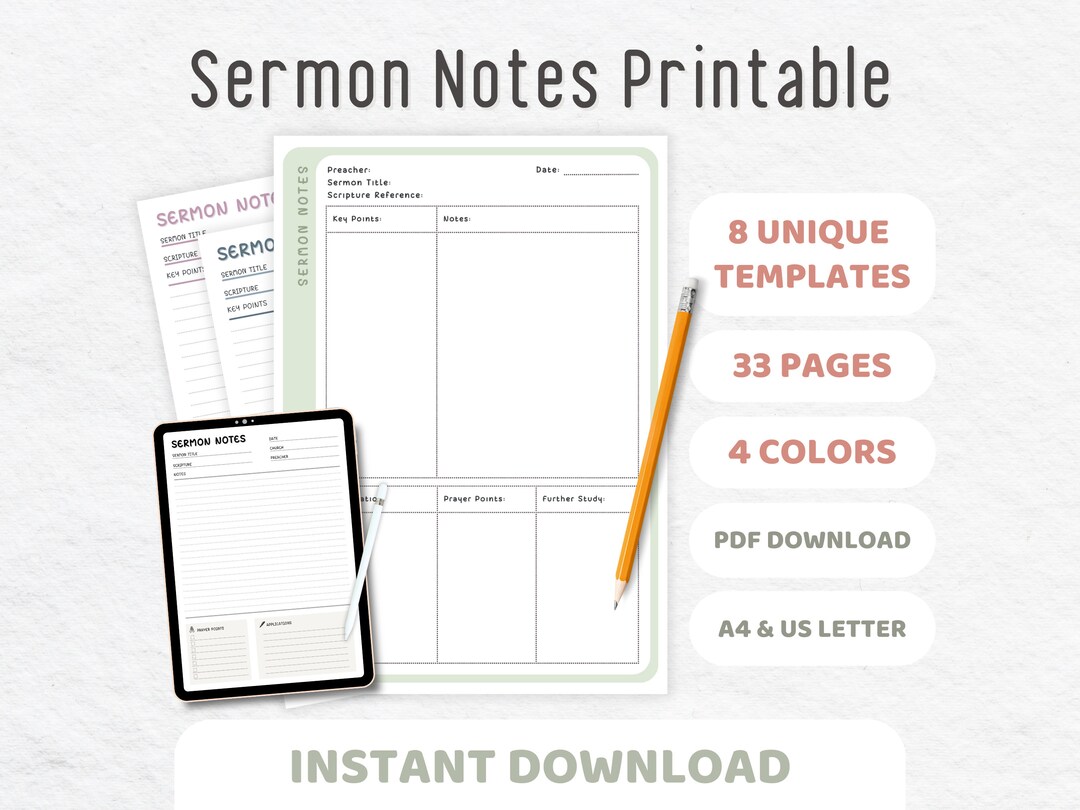 Sermon Notes Journal Printable PDF, Church Notes A4 & US Letter ...