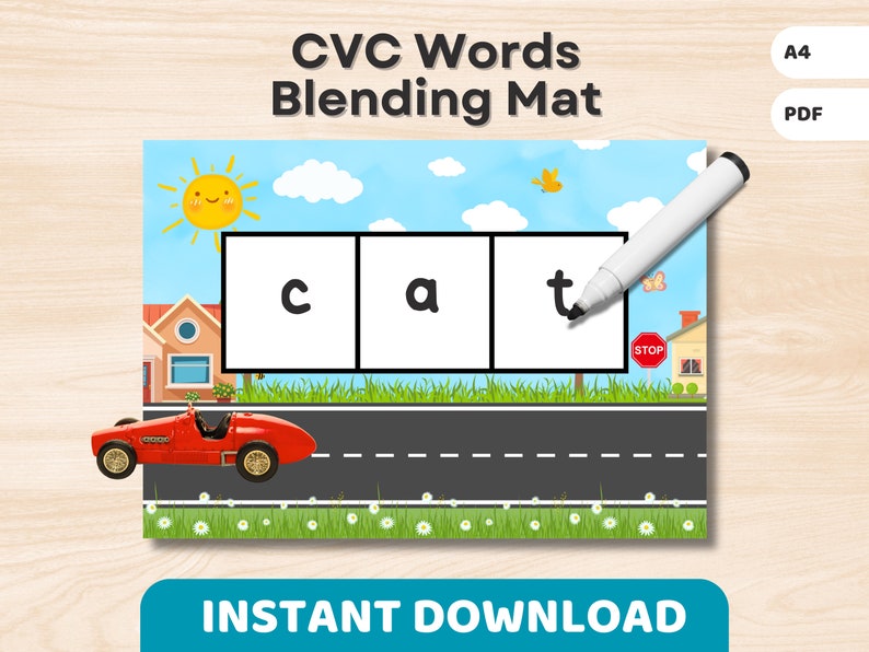 CVC Words Car Blending Mat Printable | Phonics Reading, Word Building ...