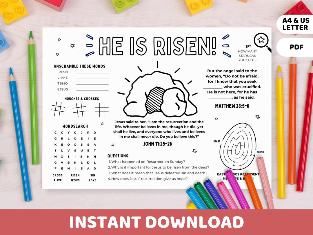 He is Risen Activity Placemat Printable | Resurrection of Jesus Kids ...