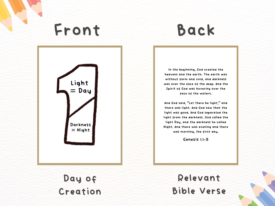 Days of Creation Flash Cards With Bible Verses Sunday School Coloring ...
