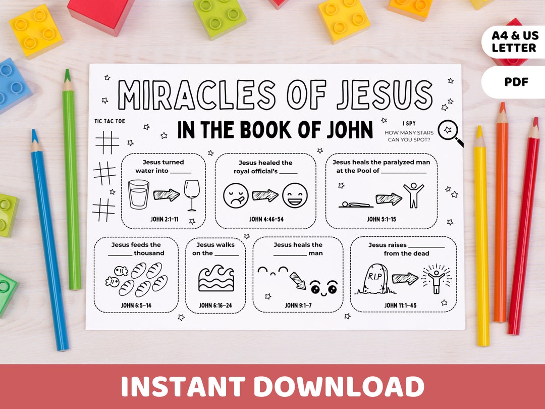 Miracles of Jesus Bible Coloring Placemat Printable John Sunday School ...