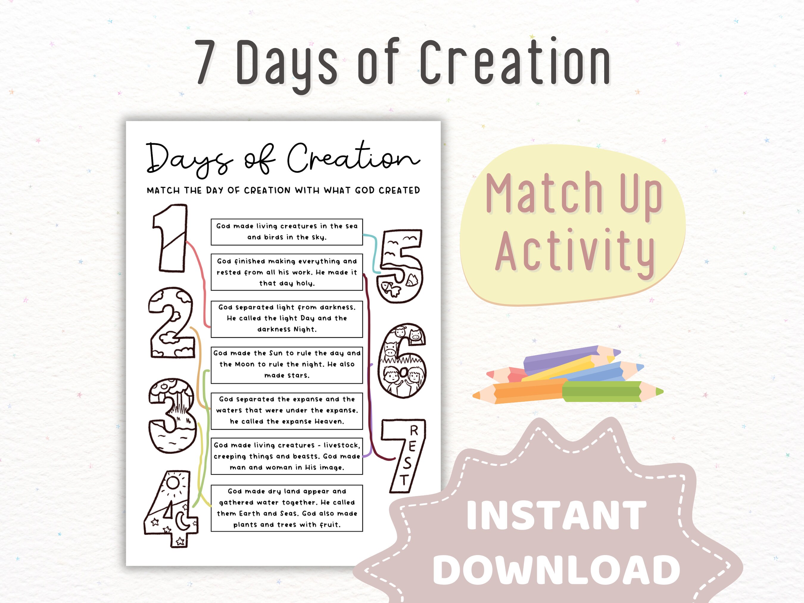 Days of Creation Match up Activity With Bible Verses Christian Coloring ...