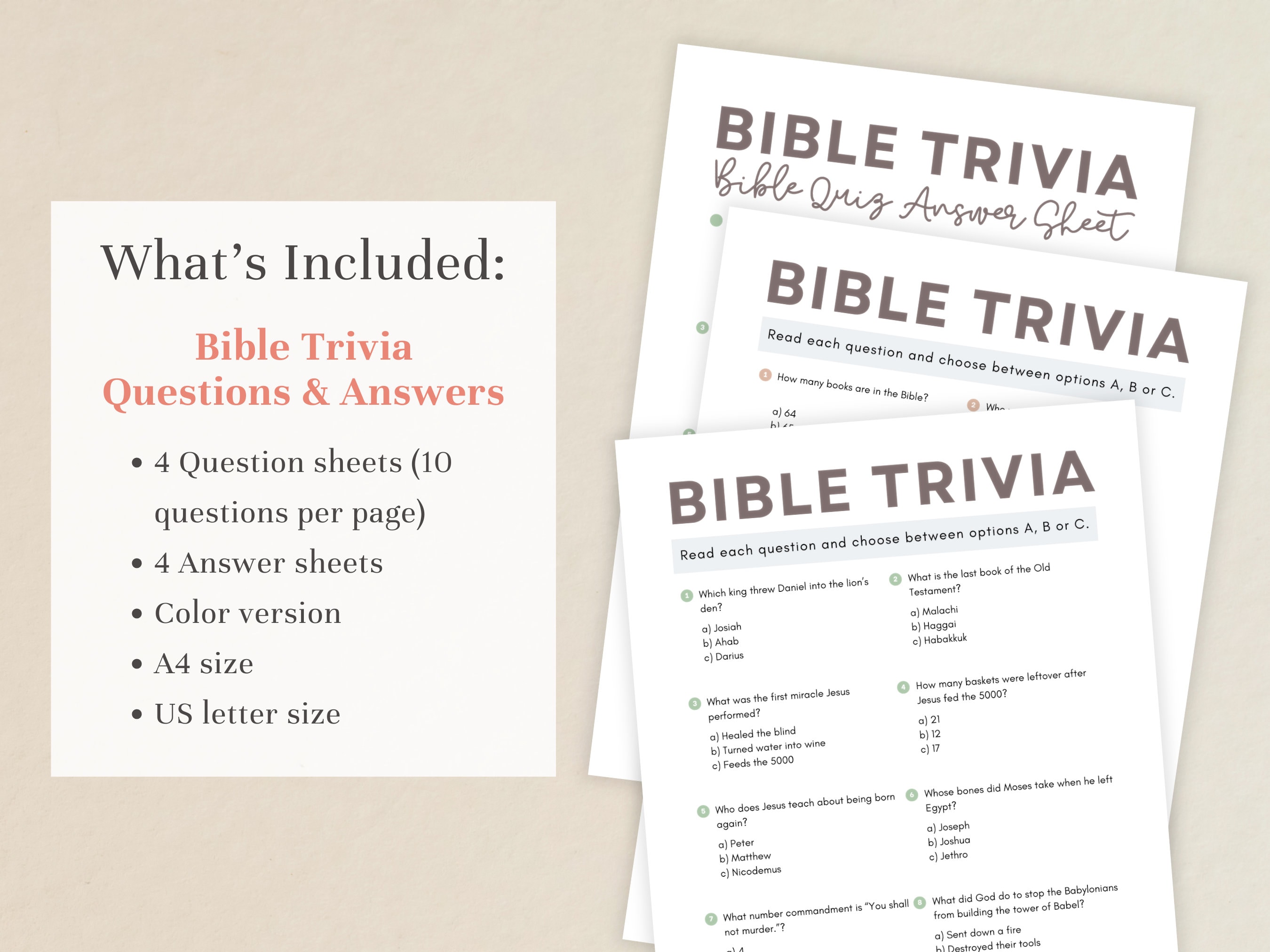 Bible Trivia Questions Game Printable | Old & New Testament Christian ...