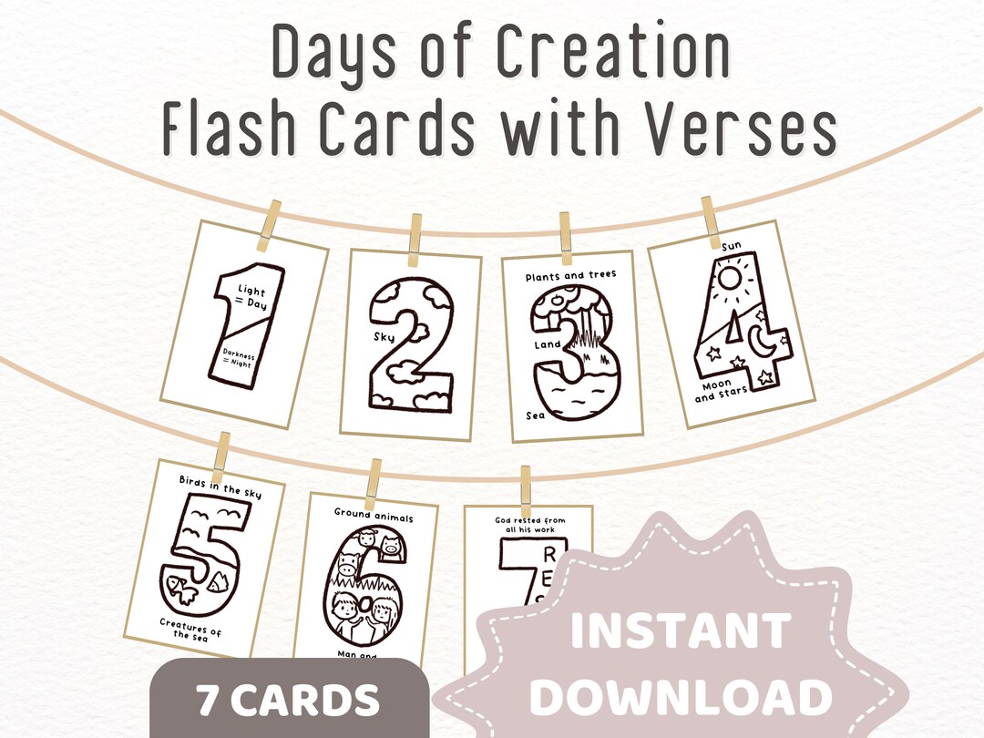 Days of Creation Flash Cards With Bible Verses | Sunday School Coloring ...
