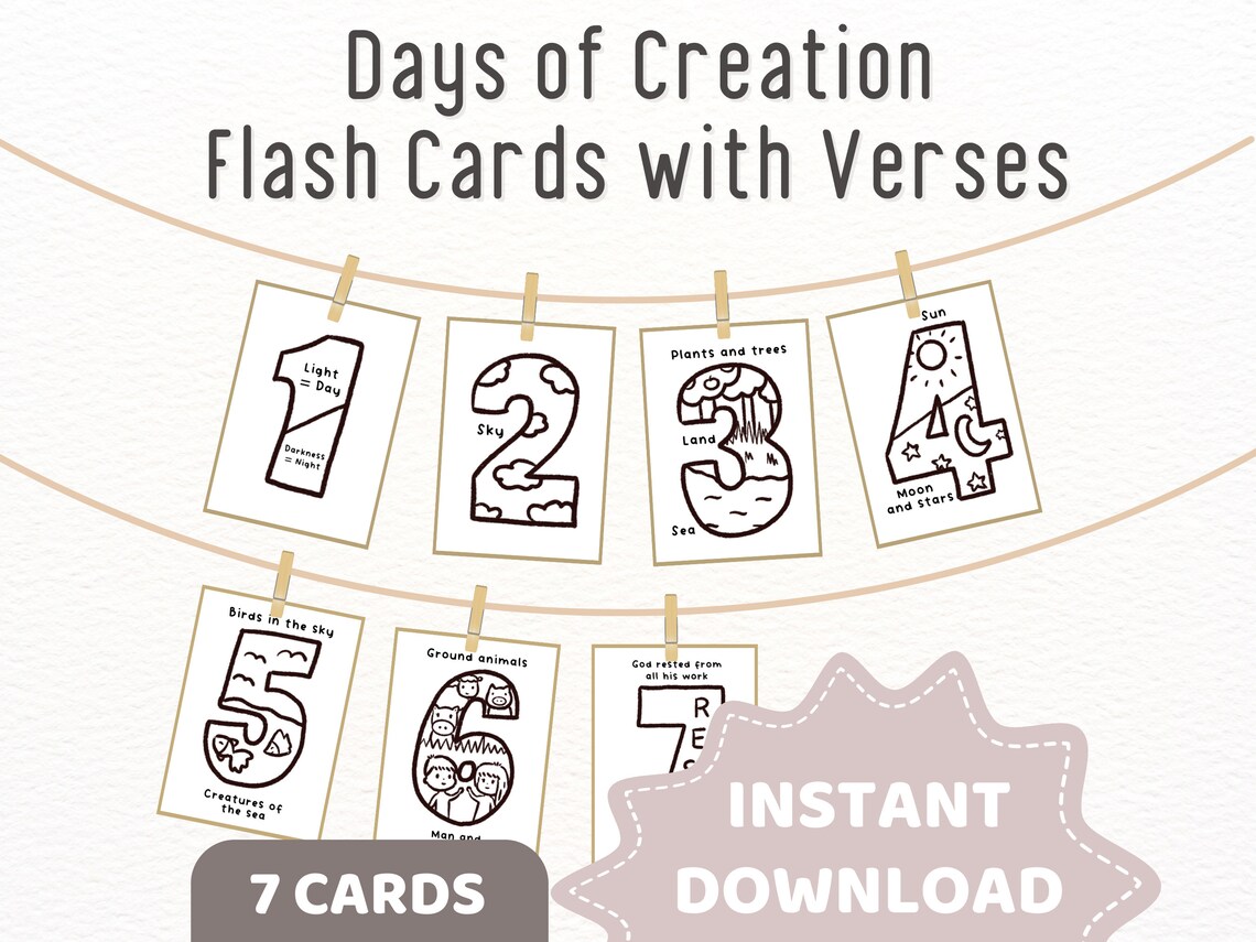 Days of Creation Flash Cards With Bible Verses Sunday School Coloring ...