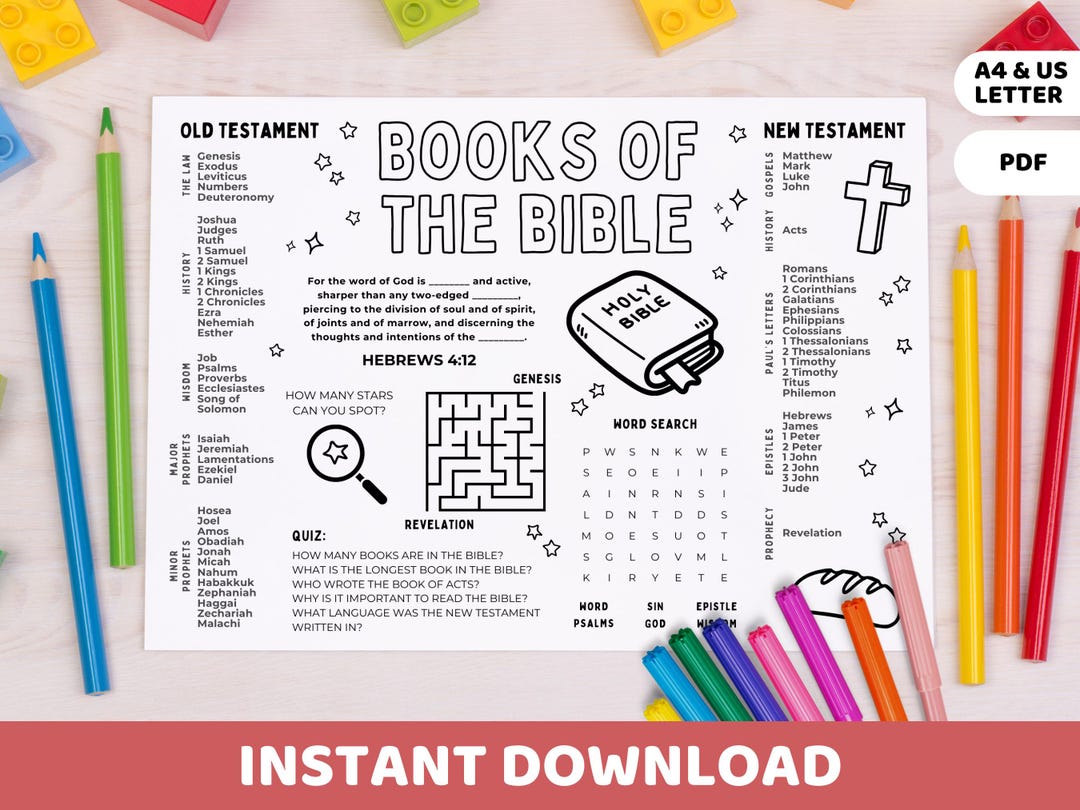 Books of the Bible Placemat Printable | Sunday School, Homeschool, Kids ...