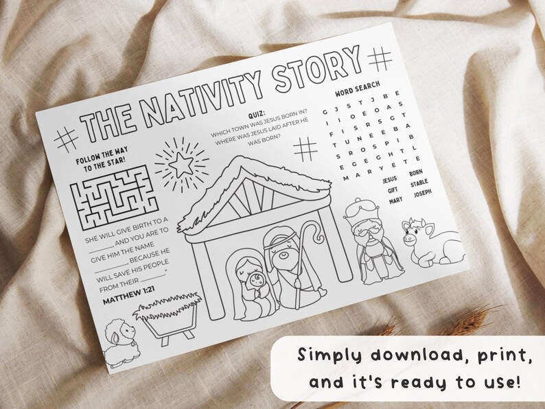 Nativity Activity Placemat: Christmas Story Coloring Page (digital ...