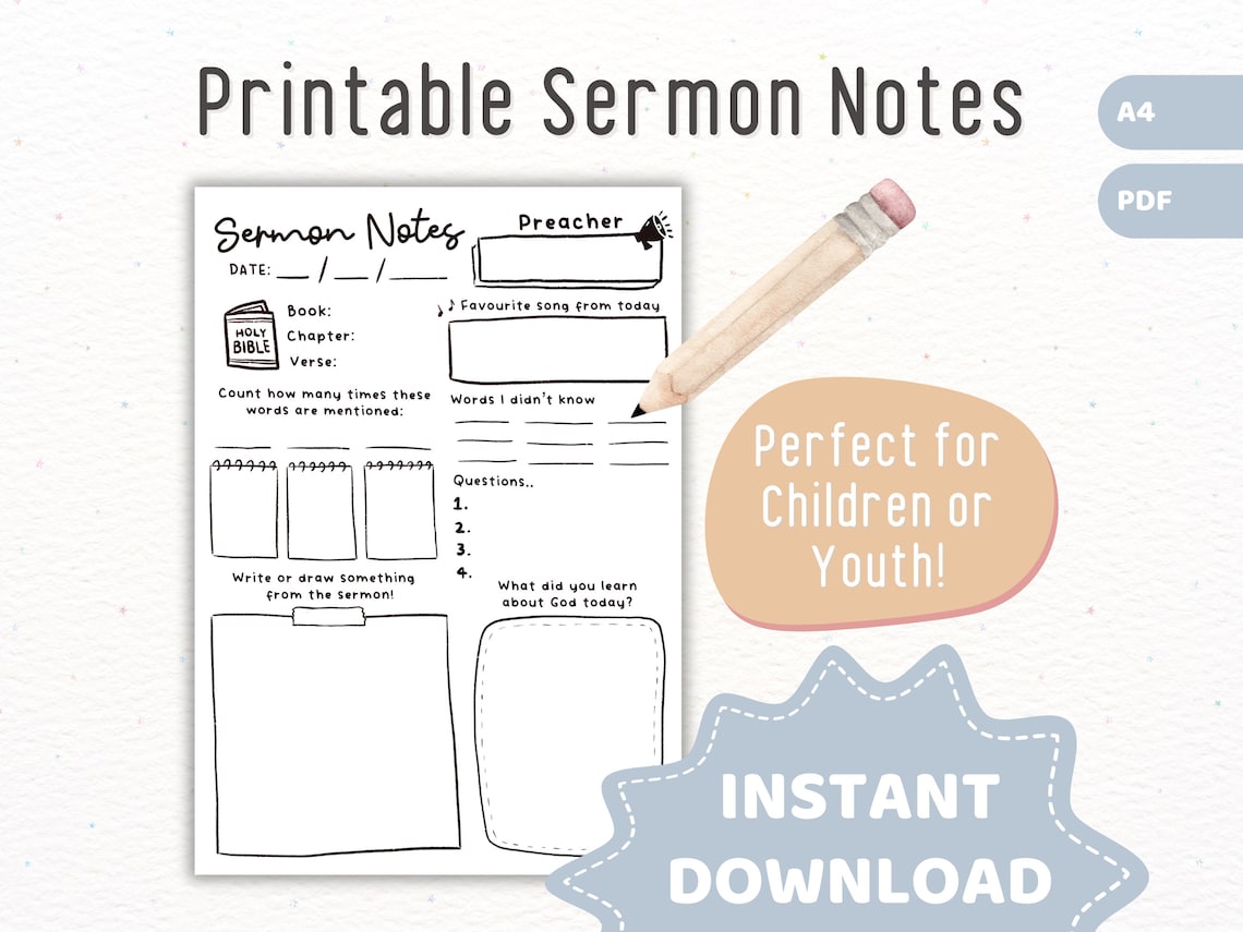 Sermon Notes Printable for Children Kids Elementary School - Etsy