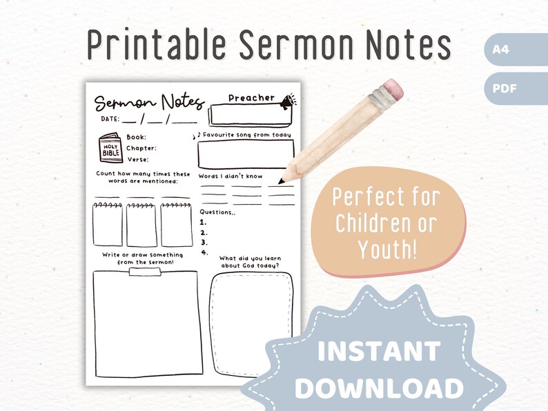 Sermon Notes Printable for Children Kids Elementary School Youth | Kids ...