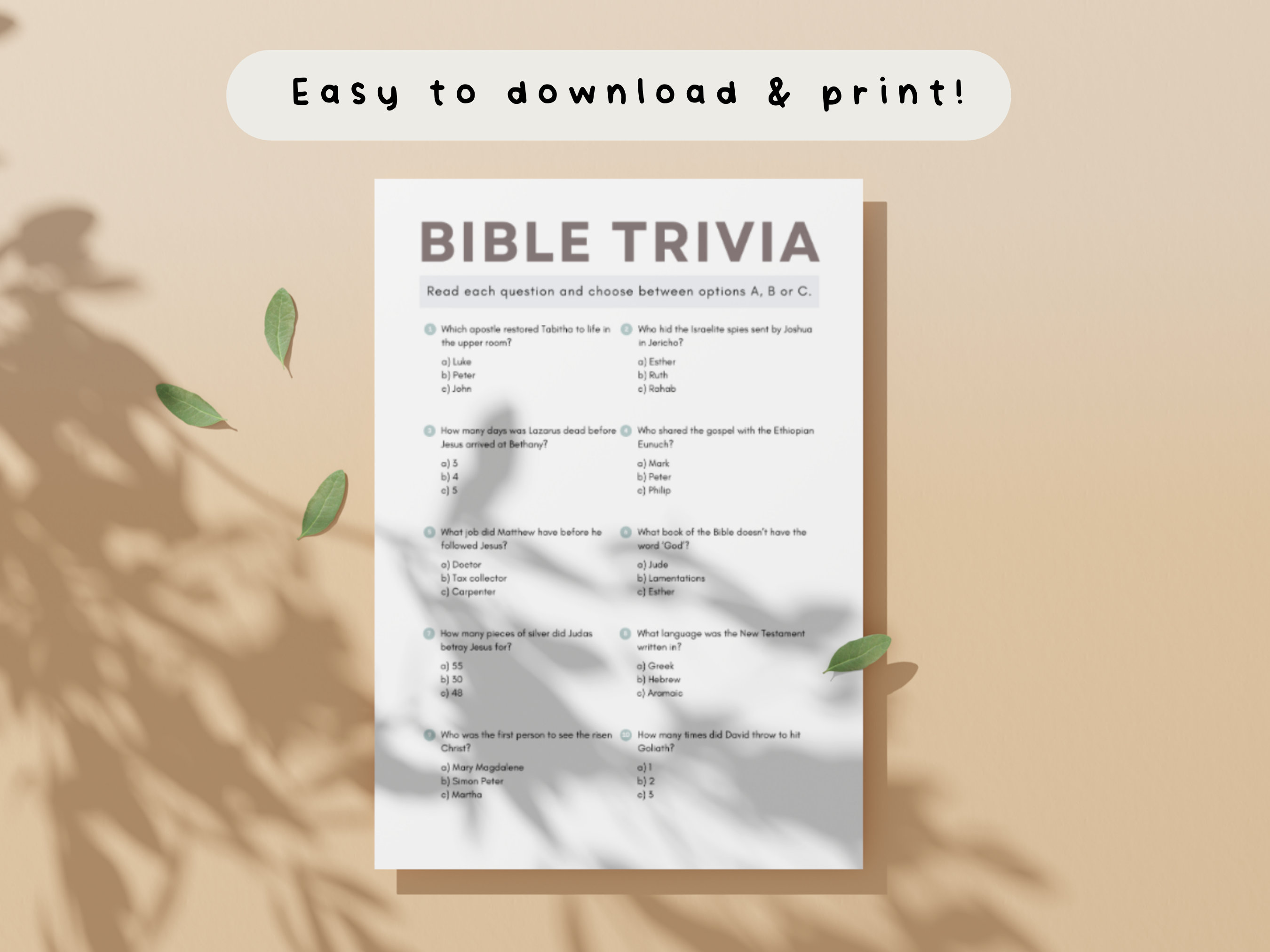 Bible Trivia Questions Game Printable | Old & New Testament Christian ...