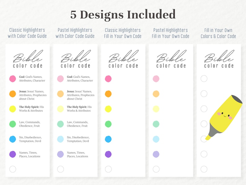 Bible Color Code Bookmarks | 5 Bible Study Highlighting Tool Bookmarks ...