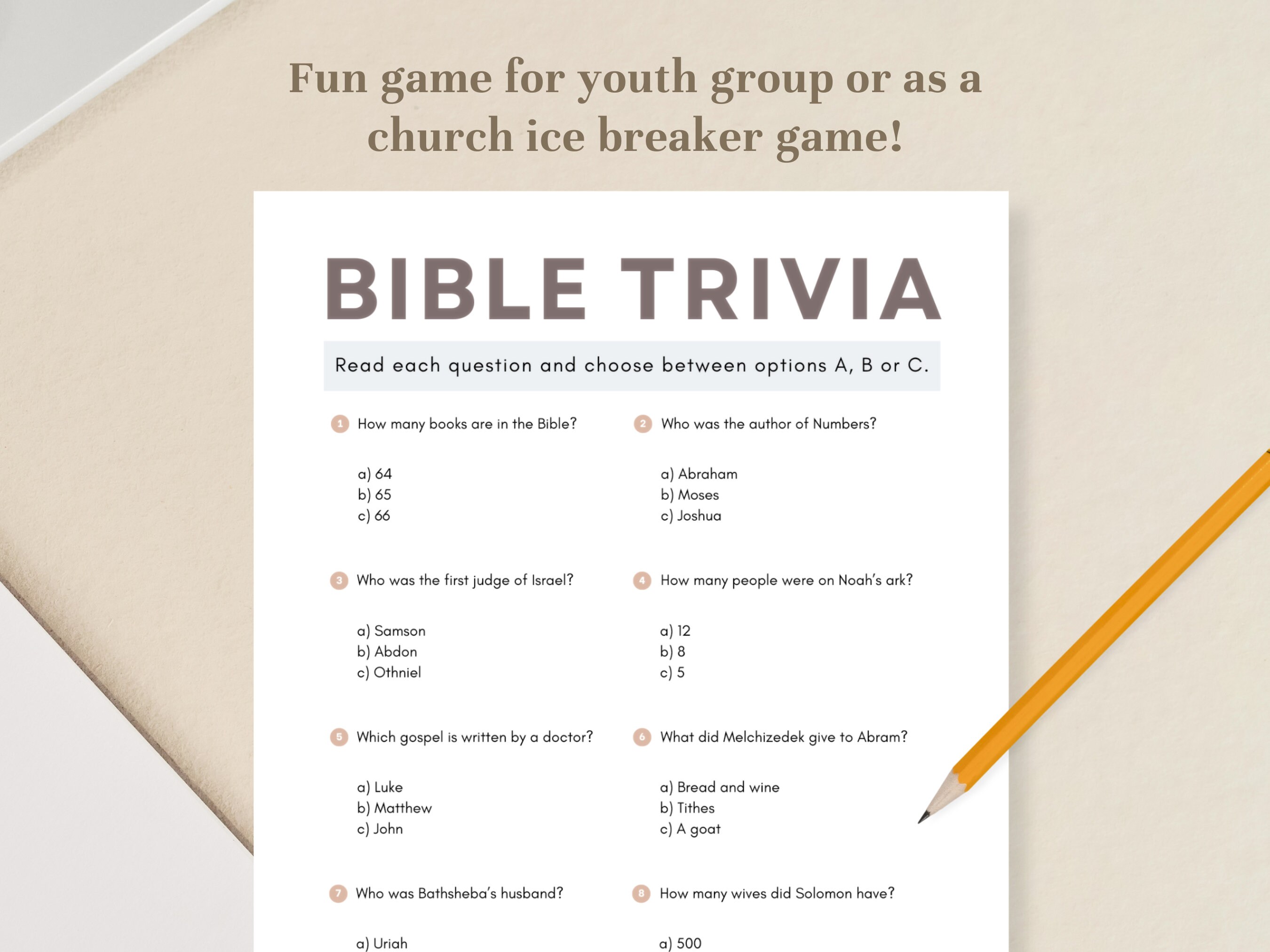 Bible Trivia Questions Game Printable | Old & New Testament Christian ...