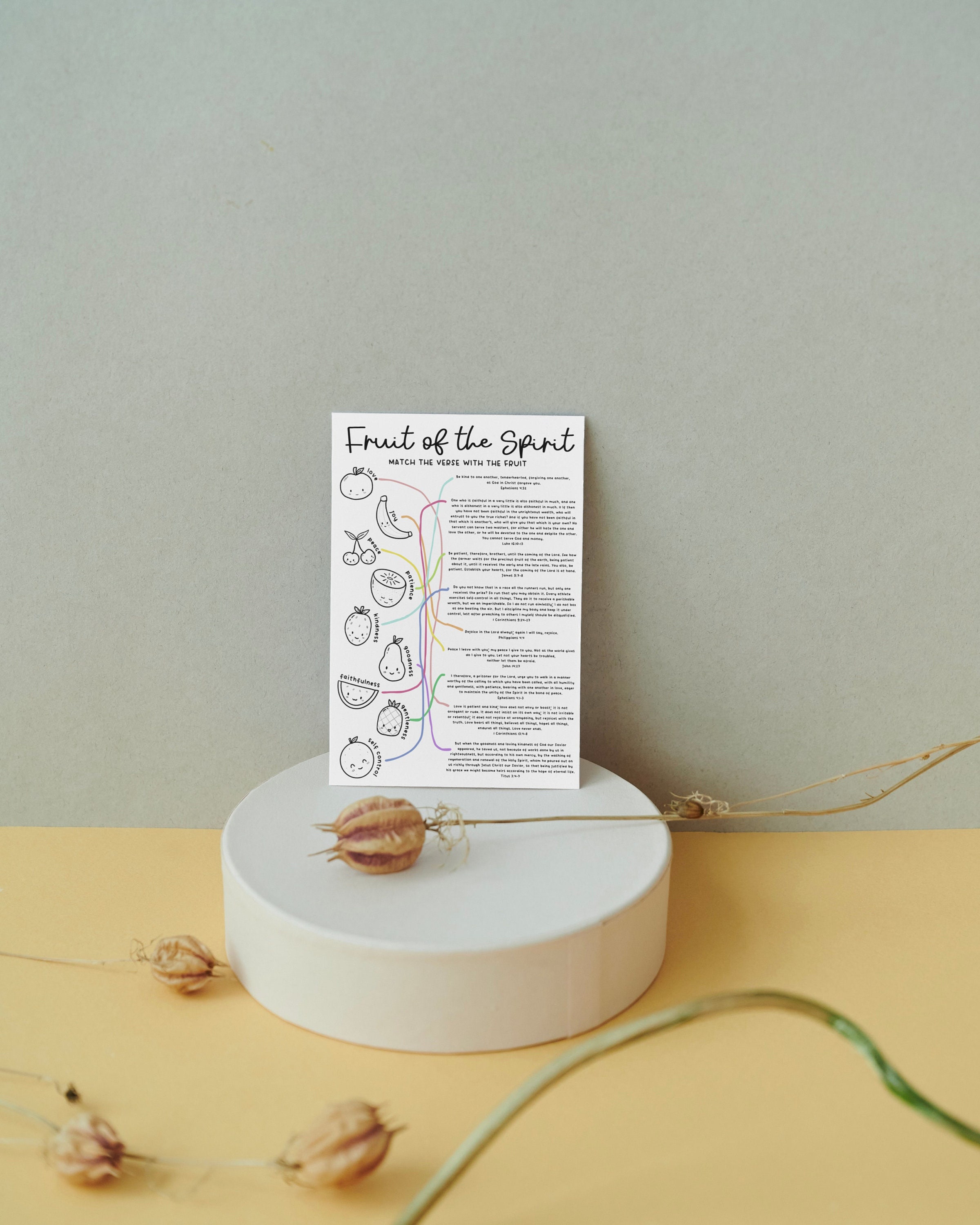 Fruit of the Spirit Activity Match up Bible Verses | Christian Coloring ...