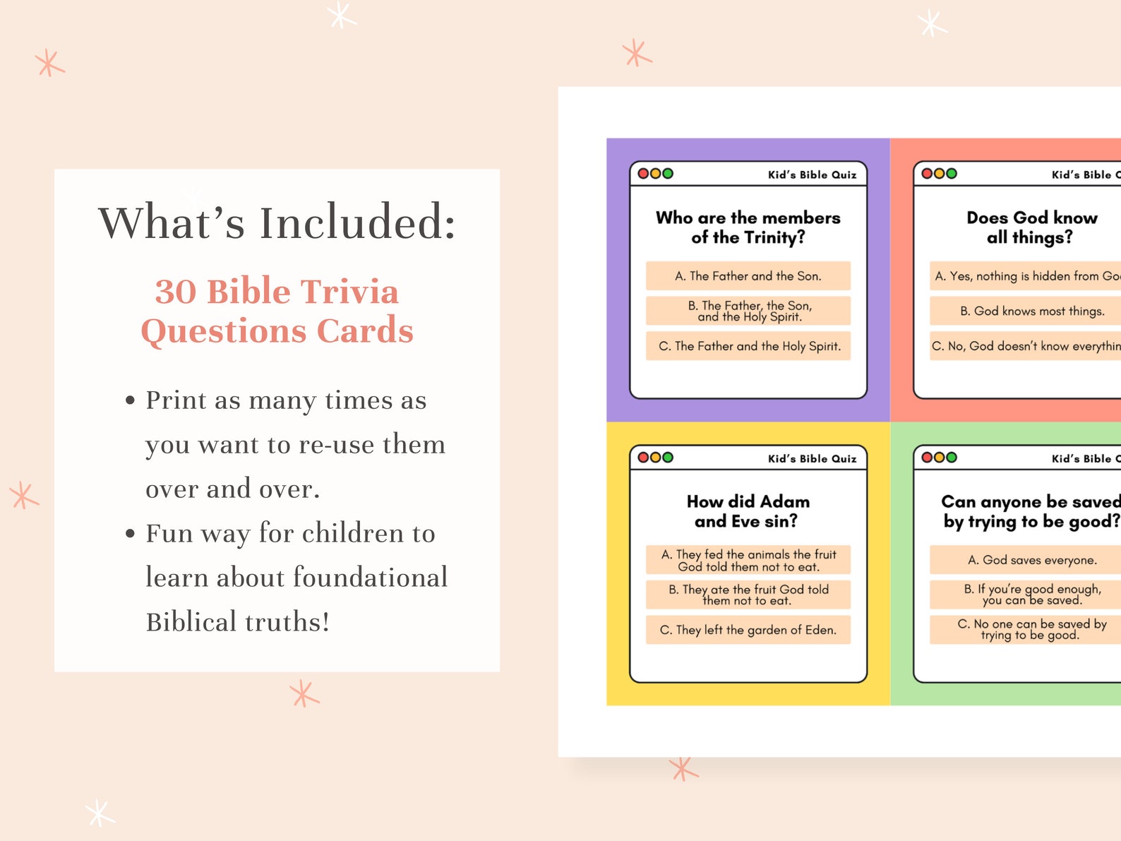 30 Kids Bible Trivia Cards Printable Children & Family Bible Quiz ...