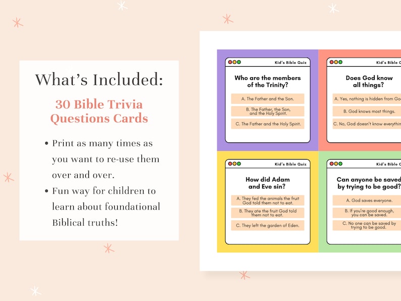 30 Kids Bible Trivia Cards Printable Children & Family Bible Quiz ...