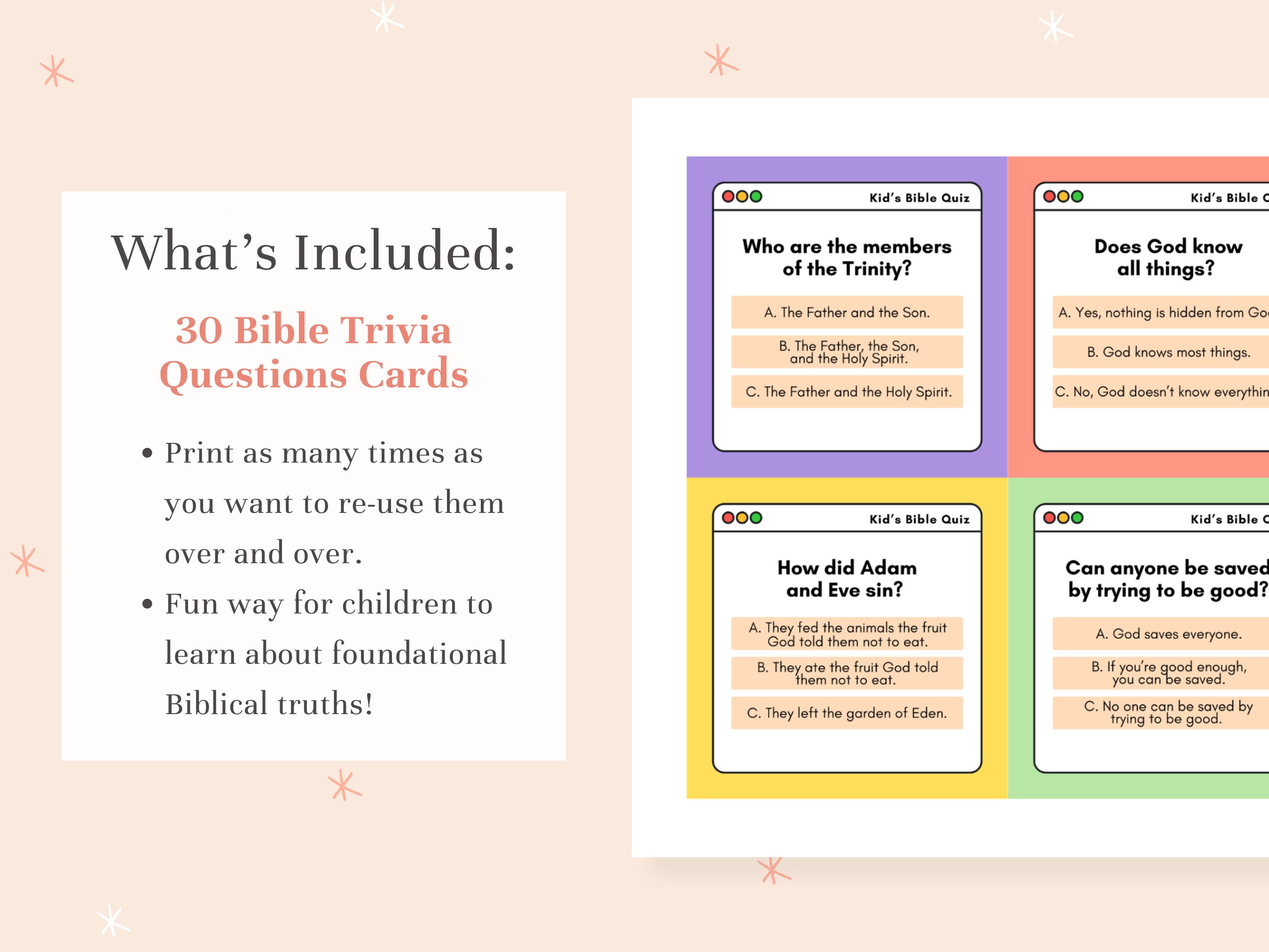 30 Kids Bible Trivia Cards Printable Children & Family Bible Quiz ...