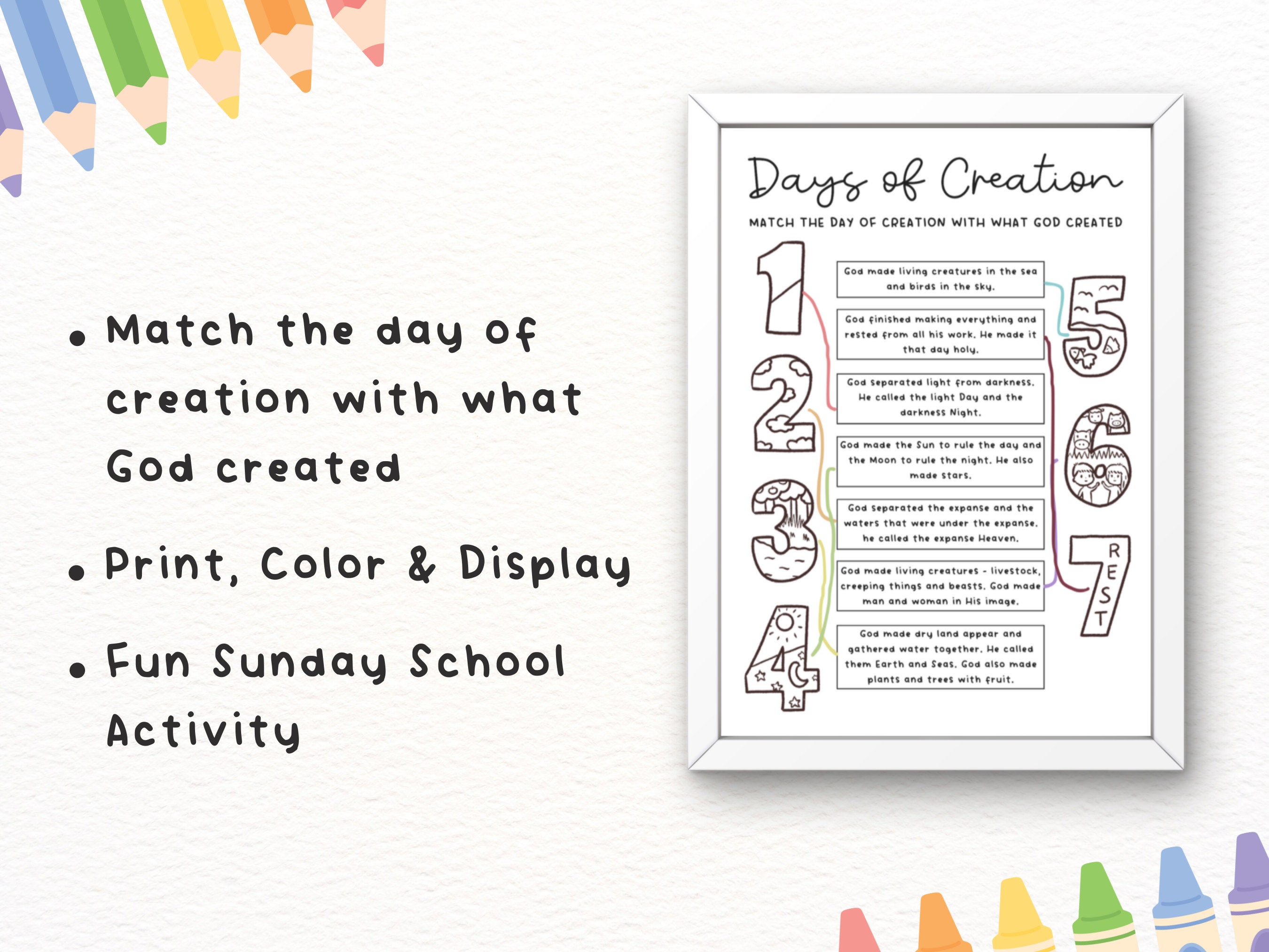 Days of Creation Match up Activity With Bible Verses Christian Coloring ...