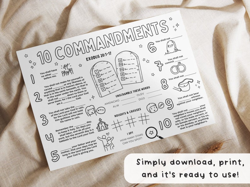 Ten Commandments Activity Sheet Printable | Kids Bible Story Coloring ...