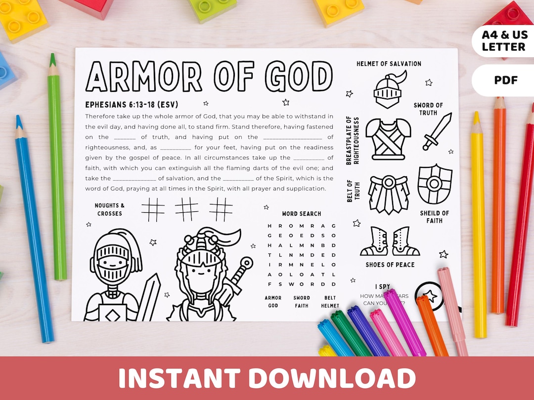 Armor of God Coloring Activity Placemat Printable | Children Bible ...