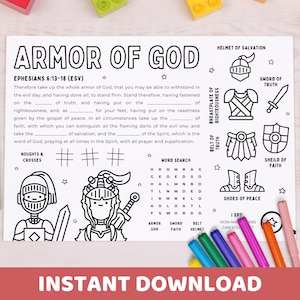 Armor of God Coloring Activity Placemat Printable | Children Bible ...