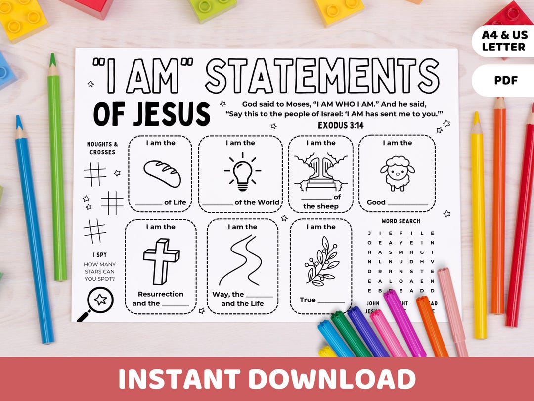 I Am Statements of Jesus Bible Coloring Placemat Printable | Sunday ...
