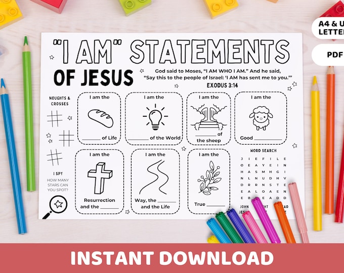 16 Pg Bundle: Jesus' 7 I Ams Coloring Sheets, Kids' Bible Study, Memory ...